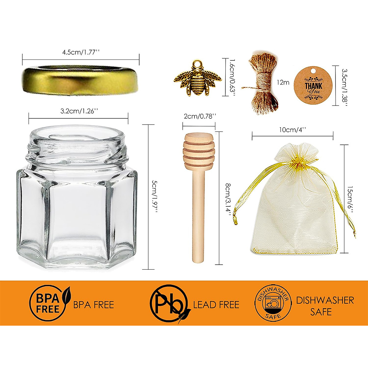 DnayDkiy 40 Pack 1.5 oz Hexagon Mini Glass Honey Jars with Dipper, Gold Lids, Bee Pendants, Jutes, Golden Gift Bags and Thank You Cards - Perfect for Baby Shower Favors, Wedding Favors Party Favors