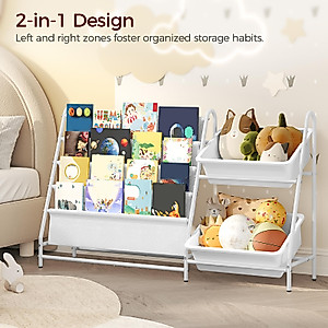 MAHANCRIS Kids Bookshelf and Toy Organizer, 4-Tier Toddler Bookshelf with 2 Toy Storage Bins, Nursery Book Shelves for Classroom, Kids Room, Library, Bedroom, Living Room, White BKBW7501