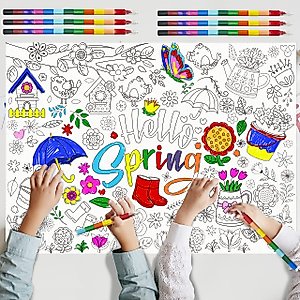 Giant Spring Coloring Poster with 6 Stacking Crayons, Crafts Education Activity Jumbo Paper Poster Wall Art Coloring Poster Banner for Home School Classroom Party Supplies Favor, 43x 31Inch(Spring）