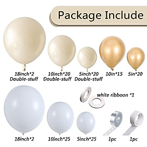 Double-stuff Pearl White Sand White Balloon Garland Arch kit, 132pcs 18/10/5 inch White Balloons with Metallic Gold Balloon for Wedding Bridal Baby Shower Birthday Anniversary Party Decorations