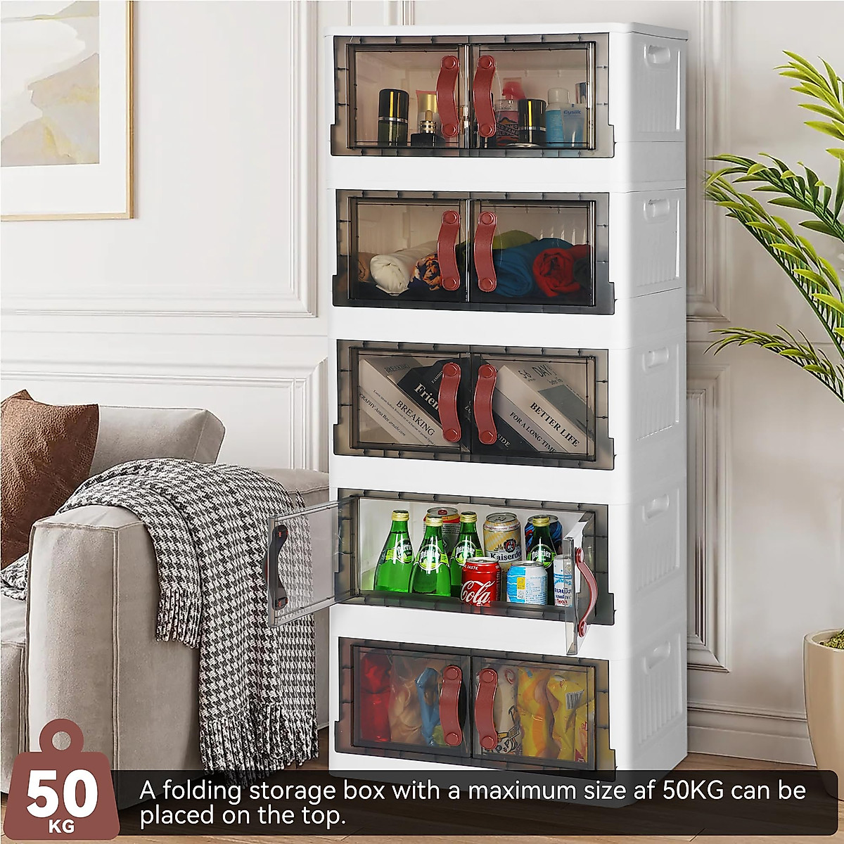 YSSOA Plastic Storage Bins with Lids, 200 Qt (50 Gal) Storage Cabinet, 5 Pack Stackable Beige Closet Organizer, 20.5 x 11.4 x 52.4Inch Foldable Plastic Storage Container with Door