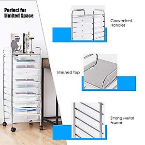 ORALNER 10-Drawer Rolling Storage Cart, 10 Tiers Utility Cart w/Wheels, Metal Frame Home Office School Organizer Cart, Mobile Space Saving File Storage Organizer Cart w/Lockable Casters (Clear)