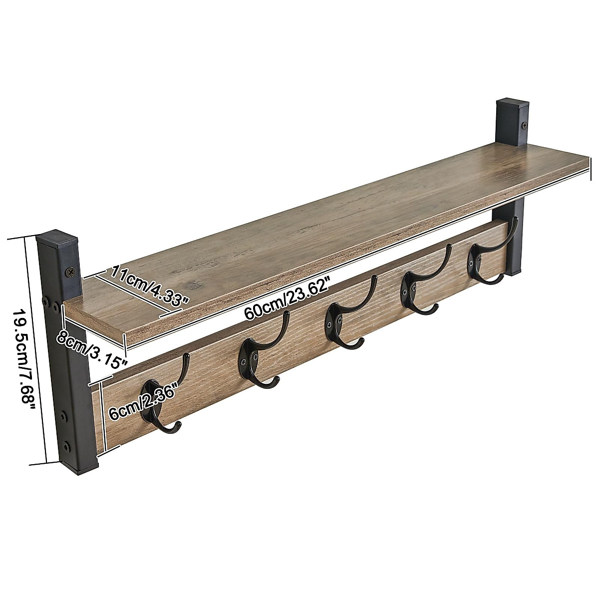 YMYNY Coat Rack Shelf Wall Mounted, Coat Hooks with Storage, Wall Floating Shelf with 5 Metal Hooks, 23.6" Entryway Floating Shelf for Kitchen, Bedroom, Bathroom, Silver Gray UHWS004Y