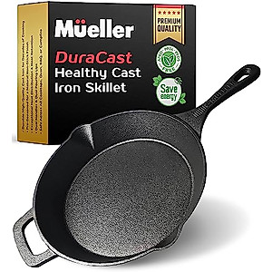 Mueller Pre-Seasoned Heavy-Duty Healthy Cast Iron Skillet 10-inch, Cast Iron Pan, Dual Handles & Dual Pouring Lips, Safe across All Cooktops, Oven, BBQ, or Campfire