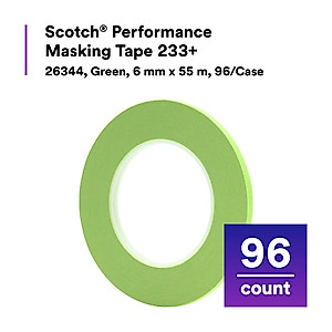 Scotch Performance Masking Tape 233+, 26344, Flexible, Moisture Resistant, Green Color, 6 mm x 55 mm, Automotive Masking Tape