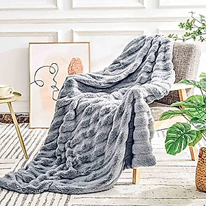 NEXHOME PRO Faux Fur Throw Blanket, Luxury Soft Rabbit Warm Fuzzy Cozy Fluffy Feel Fleece Blankets for Women 50" X 60",Comfy Ruched Blanket for Sofa Couch Bed DÉcor Grey
