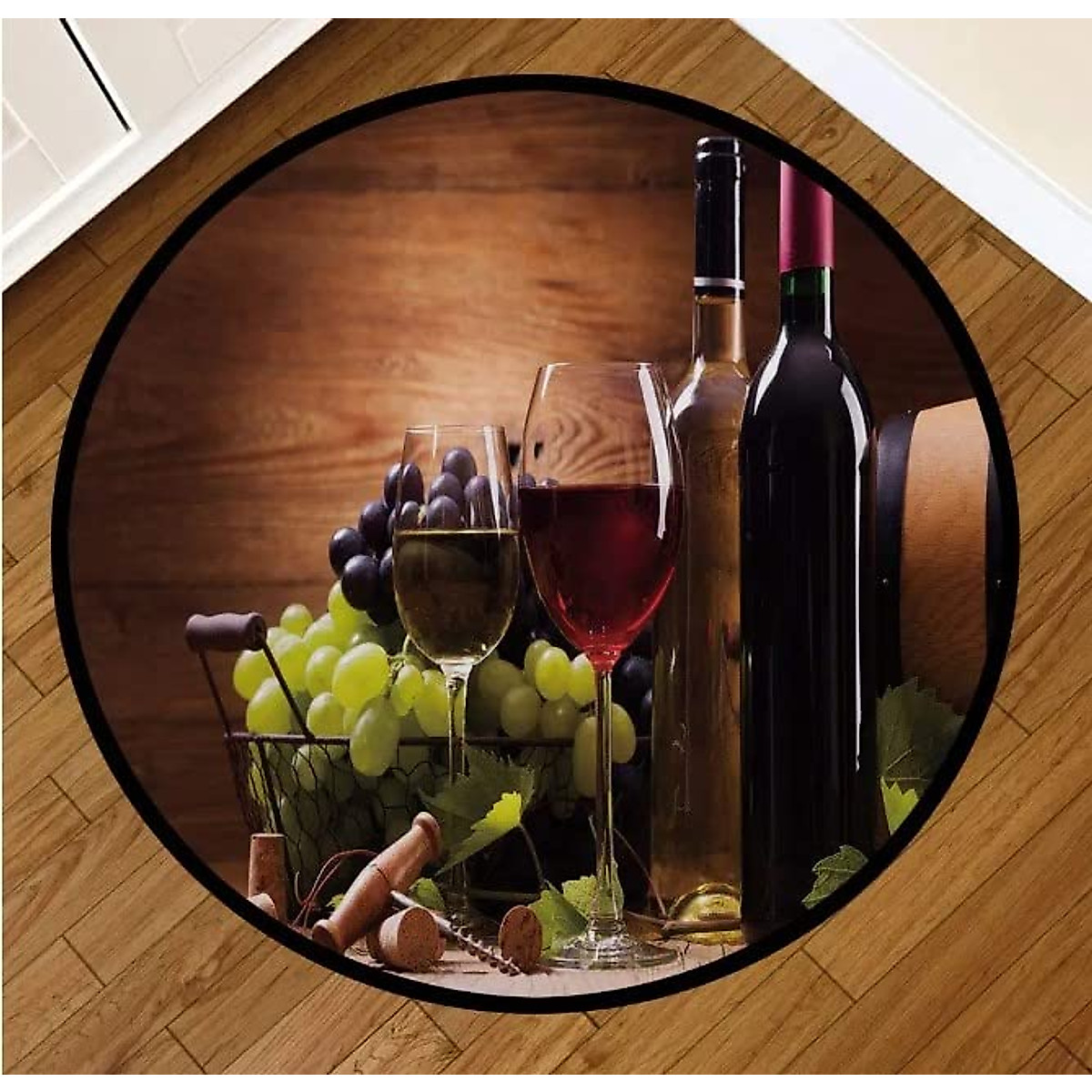 Wine Style Round Area Rug Floor Kitchen Carpet, Glasses of Red and White Wine Served with Grapes French Gourmet Tasting Decorative, Washable Indoor Doormat Pad Home Decor