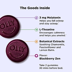 OLLY Sleep Gummy, Occasional Sleep Support, 3 mg Melatonin, L-Theanine, Chamomile, Lemon Balm, Sleep Aid, Blackberry - 60 Count