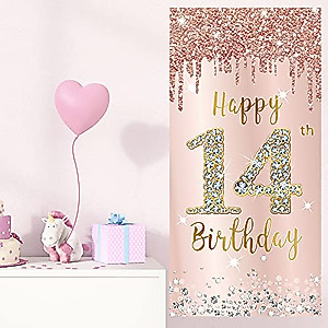 14th Birthday Door Banner Decorations for Girls, Pink Rose Gold Happy 14th Birthday Door Cover Backdrop Party Supplies, Large 14 Year Old Birthday Poster Sign Decor