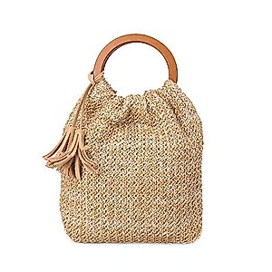 QTKJ Hand-woven Large Straw Tote Bag with Beige Leather Tassels Boho Brown Wooden Round Handle Tote Retro Summer Beach Bag Rattan Handbag (Beige)