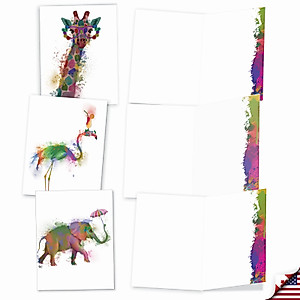 The Best Card Company - 10 Mixed Animals Watercolor Greeting Cards Blank with Envelopes, Thinking of You Thank You Notecards Set 4 x 5.12, Funky Rainbow Wildlife M4948OCB-B1x10