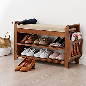 ZHFEISY Shoe Bench 2 Tier Shoe Rack Bamboo 6 Pairs Shoes with Sponge Cushion Storage Basket Shoe Rack Bench Organizer Brown for Home Living Room Entryway