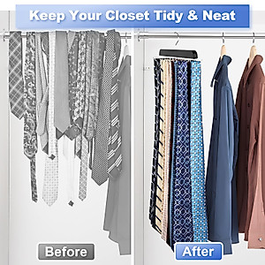 RESOVO Upgraded Tie Rack Hanger with 20 Foldable Metal Hooks, Space Saving Necktie Organizer for Men – Large Capacity Tie and Belt Wooden Hanger for Closet - Black