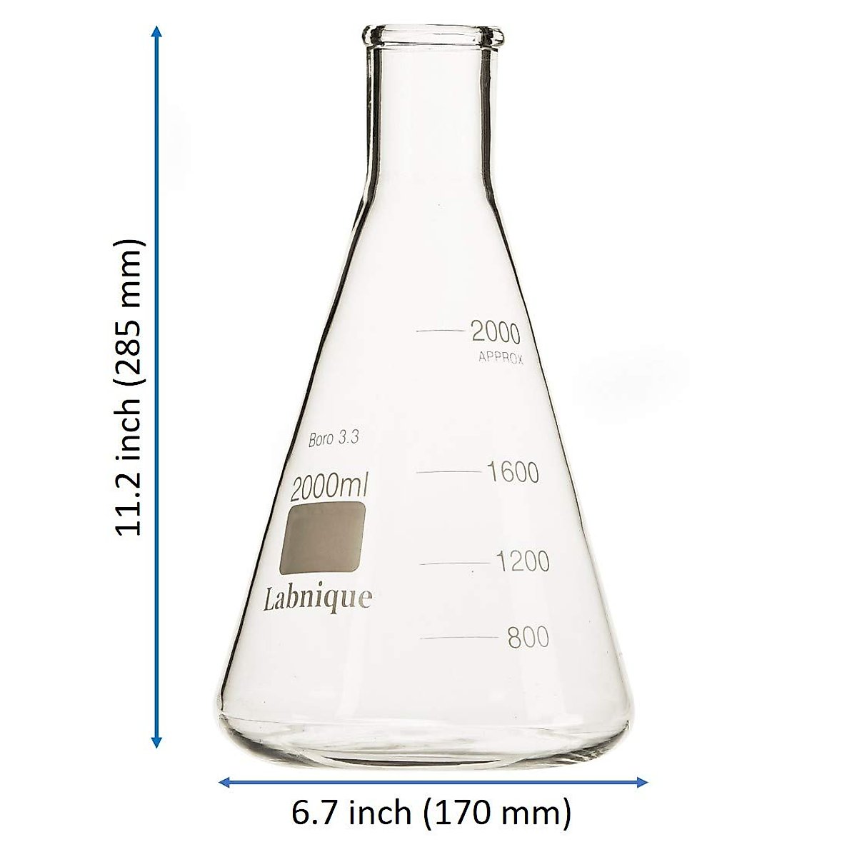 Labnique Borosilicate 3.3 Glass Conical Flask, Erlenmeyer Flask with Narrow Mouth, Graduated, Double Boxed, 2000ml (Pack of 2)