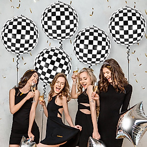 Checkered Balloons, 22 Inch Checkered Round Foil Balloons, 6 Pcs Black and White Checkerboard Mylar Sphere Balloons for Race Car Birthday Party Decorations Supplies
