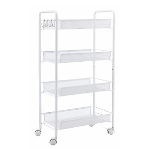 Rolling Utility Storage Rack Cart on Wheels, Trolley Carft cart, Multi-Purpose Organizer Shelf (White, 4 Tier)