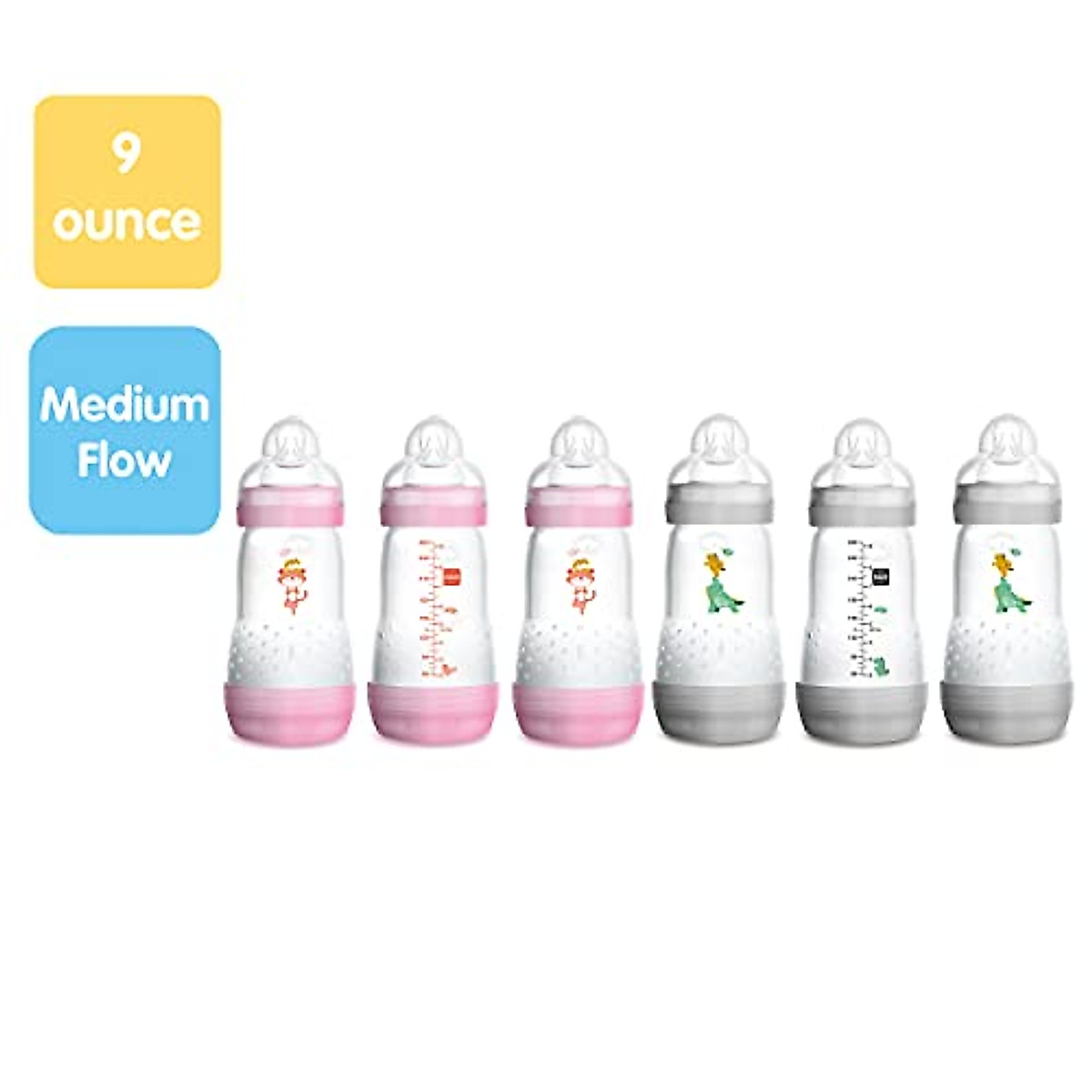 MAM Easy Start Anti-Colic Medium Flow Bottles 9 oz (6-Count), Gray and Pink