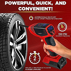As Seen On TV Bullseye Pro Digital Tire Inflator Automatic 150 PSI w/Gauge Display Screen & Pre-set Pressure in KPA, PSI, BAR, Kg/cm, Built-in LED Lights, Rechargeable, Air Compressor, Car Tire Pump