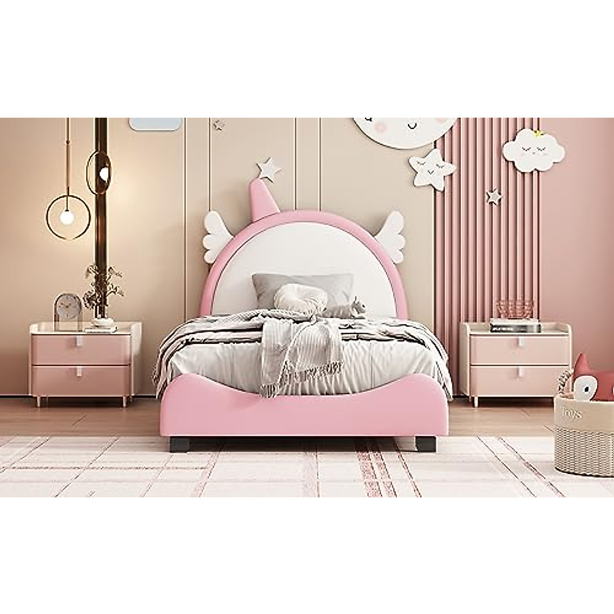 Epinki Cute Twin Size Upholstered Bed with Headboard, Platform Bed with Headboard and Footboard, White Pink, Kids Bed
