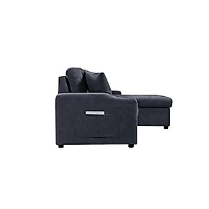 BIADNBZ Reversible Sleeper Sofa Bed 2 in 1 Pull Out Couch with Storage Chaise 2 Cup Holders Two Side Pockets and Pillows for Living Room, Dark Grey