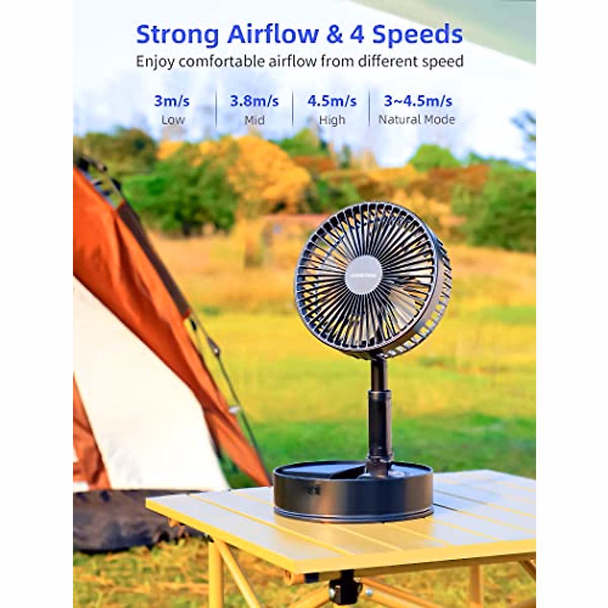 Airbition 8-Inch Rechargeable Oscillating Foldaway Fan with Remote, Timer, 4-Speed, 7200mAh Battery Operated Cordless Standing Pedestal Fan Portable for Bedroom Outdoor Camping Tent Travel