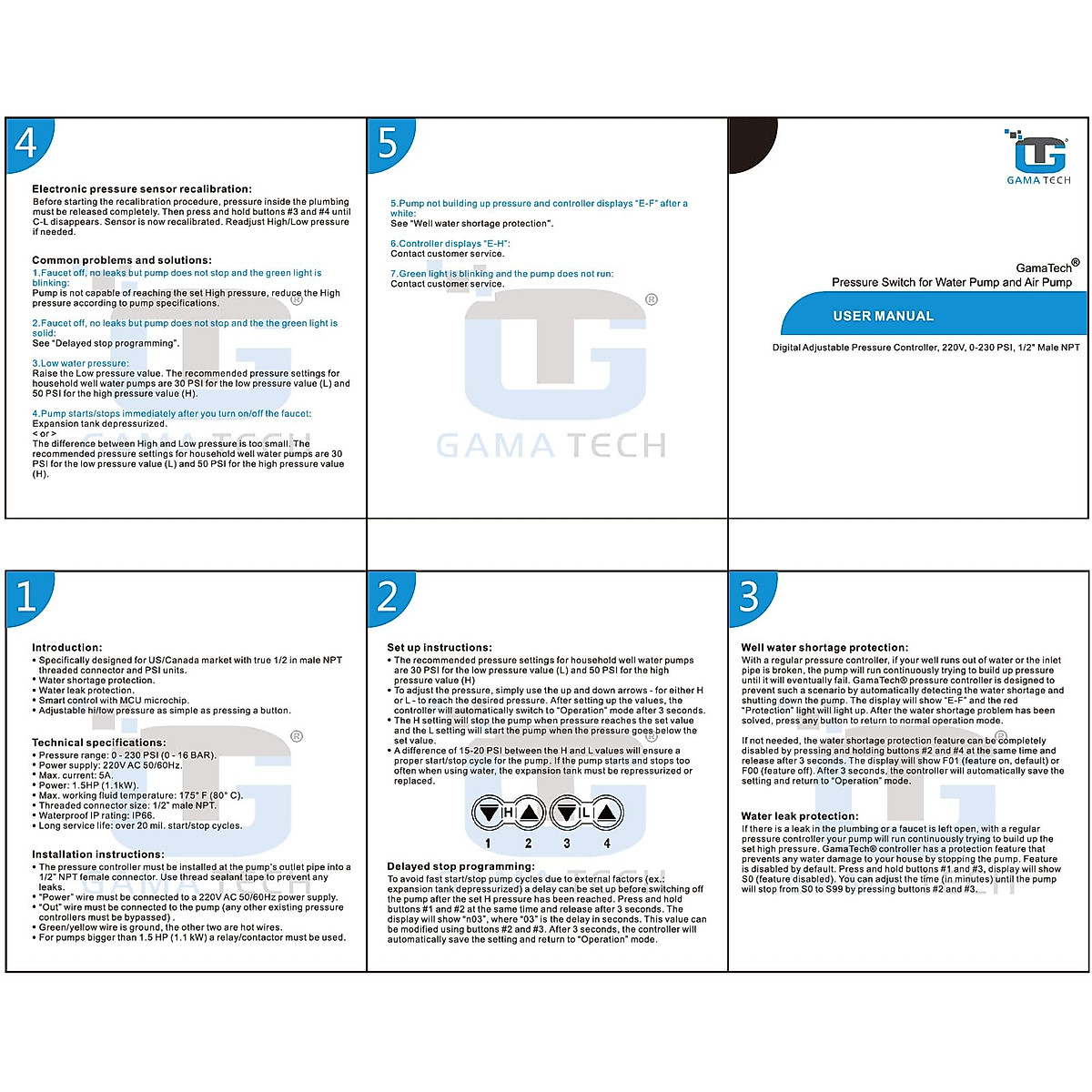 GamaTech Pressure Switch for Water Pump and Air Pump, Digital Adjustable Pressure Controller, 220V, 0-230 Psi,1/2" Male Npt