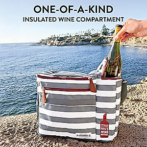 Foundry by Fit + Fresh, Brooks Dual-Compartment Insulated Cooler Bag with Wine Cooler Compartment, Food & Beverage Beach Bag, Picnic Basket, Perfect for Tailgating & Camping Accessories, Grey Stripe