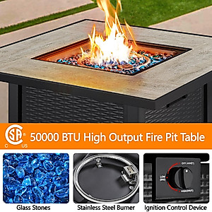 Yaheetech 30" Propane Gas Fire Pit Table 50,000 BTU Square Gas Fire Table with Ceramic Tabletop and Blue Fire Glass for Outdoor /Patio with Rattan Pattern Steel Base/Lid, Black