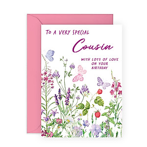 CENTRAL 23 Sweet Birthday Card for Her - 'To A Very Special Cousin' - Floral Greeting Card for Female - Flowers & Butterfly - Cousin Birthday Card - Comes with Stickers