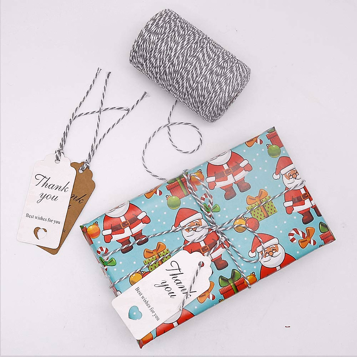 Tenn Well Grey and White Twine, 656 Feet 2mm Striped Cotton Bakers Twine for Baking, Gift Wrapping, Ornament Hanging, Crafting, Packing