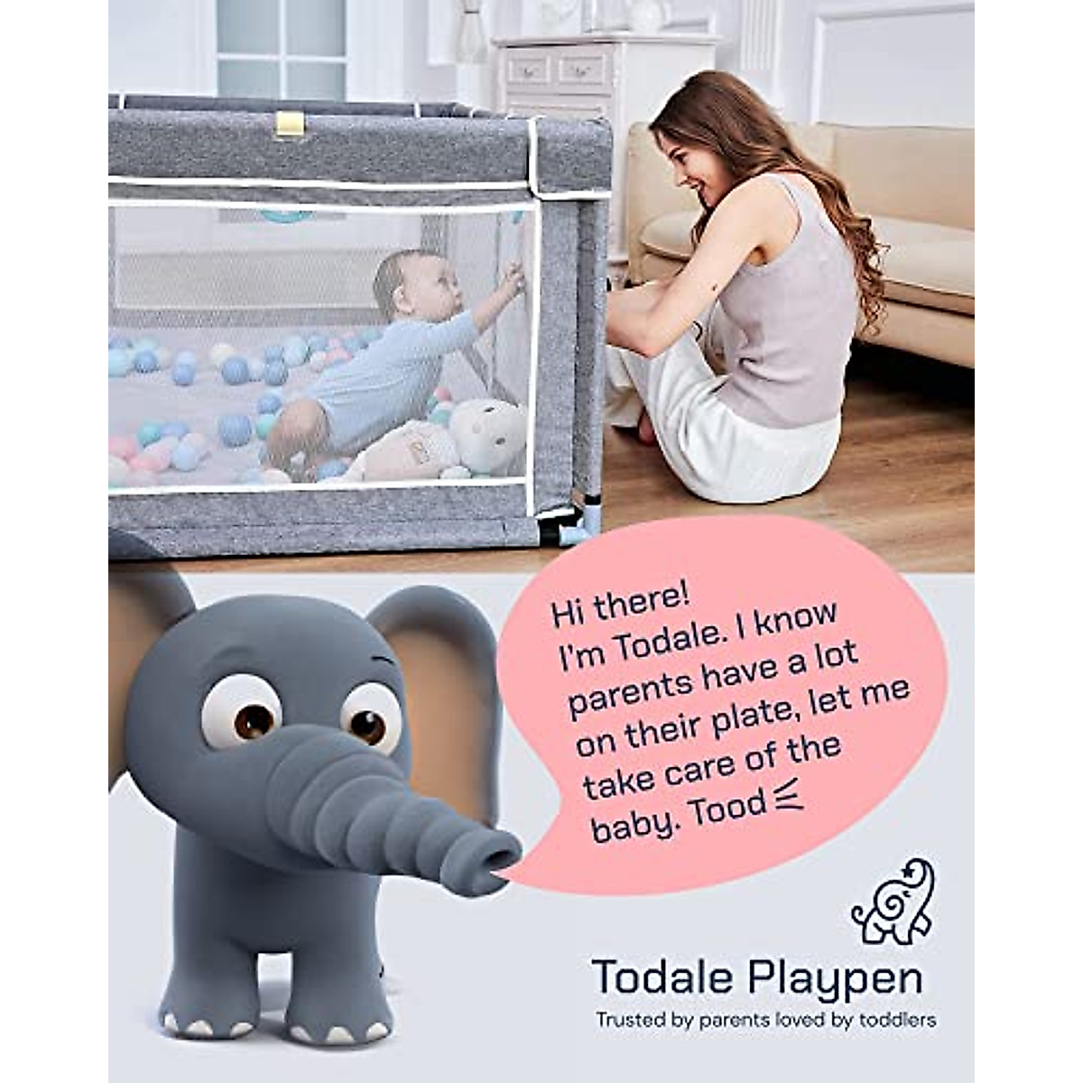 TODALE Baby Playpen for Toddler, Extra Large Baby Playard, Infant Safety Activity Center, Sturdy Babies Playpen with Anti-Slip Suckers,Tear-Resistant Material &Breathable Mesh (Grey 70”×59”)