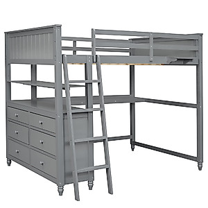 Full Size Loft Bed with Desk and Storage Drawers, Wood Loft Bed Frame with Shelves and Ladder for Kids Adults Boys Girls Teens, Gray