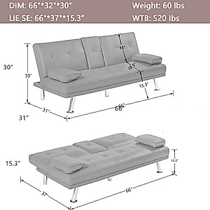 Convertible Futon Couch Sofa Bed, Modern Sleeper Leather Sofa Bed with Adjustable Back and 2 Cup Holders, Folding Loveseat Daybed Guest Bed for Living Room, Apartment, Office (Tan)