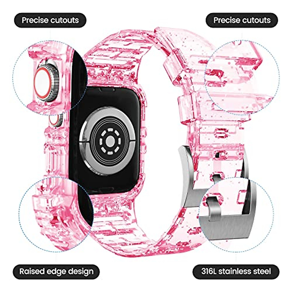 ABELTA Compatible for Apple Watch Band 38mm 40mm 41mm with Bumper Case Cover for Women Men, Clear Crystal Durable Sport Transparent Protective Band for Apple Watch Series 8 7 6 5 4 3 2 1 SE (41mm/40mm/38mm, Glistening Pink)