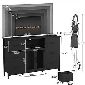 FFBCFDK Dresser,Black Dresser for Bedroom Dresser TV Stand with Charging Station for 60" TV Long 6 Drawer Dresser for Bedroom with LED Light Large Fabric Dresser Organizer Unit Tall Chest of Drawers