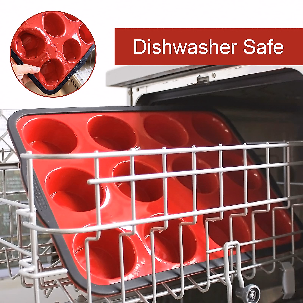 Aichoof Non-Stick Silicone Muffin Pan With Reinforced Stainless Steel Frame Inside,12 Cup Regular Muffin Baking Mold, 12 Cup Muffin Tin, BPA Free,Dishwasher Safe, Red