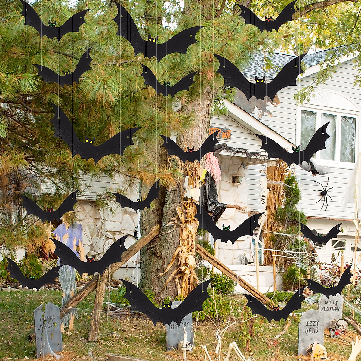 Hanging Bats Halloween Decoration Outside, Plastic Large Flying Bats with Glowing Eyes, Hanging, pasting Two Ways,Halloween Outdoor Tree Yard Porch Decoration Supplies(18 Pcs)