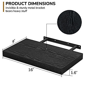 Fun Memories Deep Floating Shelves - 16" W x 9" D x 1.6" H Rustic Black Wall Shelf - Wall Mounted Shelves for Storage - Wooden Shelves with Invisible Brackets for Living Room, Farmhouse - Set of 2