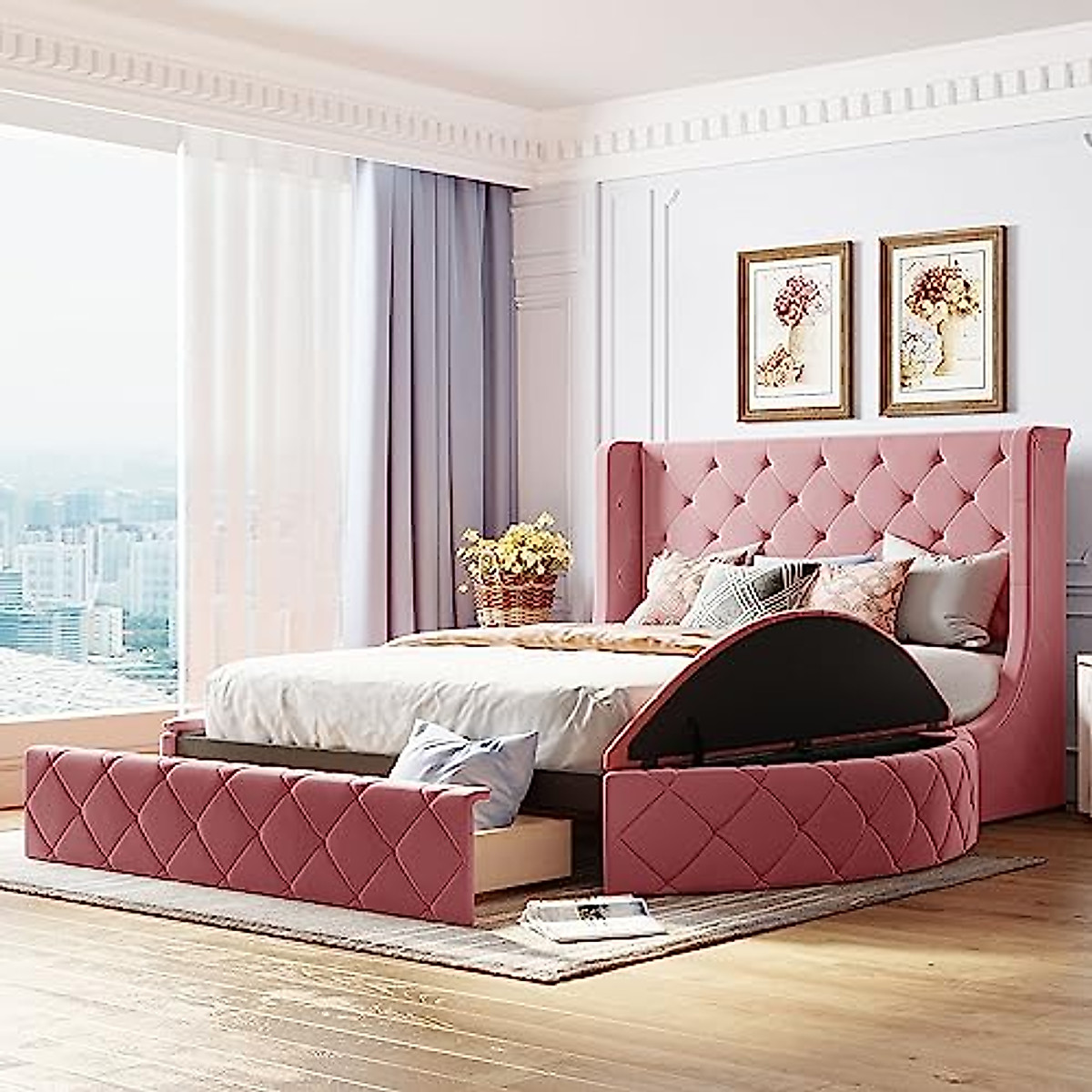GERDIOEB Queen Upholstered Platform Bed with Wingback Headboard and 1 Large Drawer, Velvet Platform Mattress Foundation, 2 Side Storage Benches Queen Size Bed (Pink)
