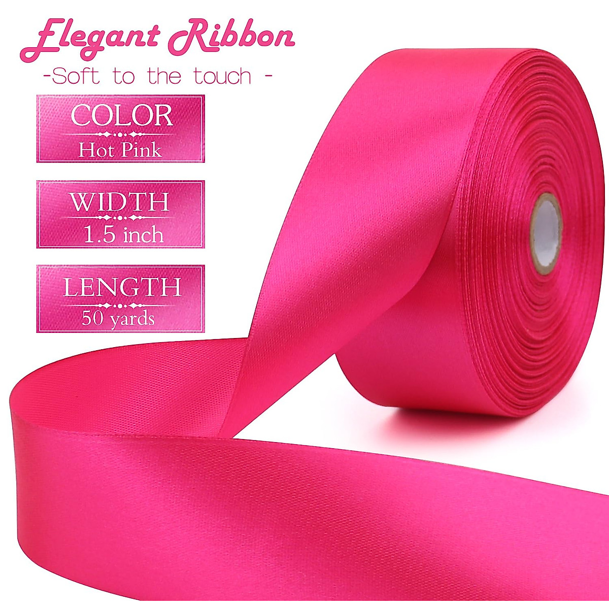 RIUNBB Hot Pink Solid Satin Ribbon 1-1/2 Inch 50 Yards Solid Polyester Fabric Ribbon for Gift Wrapping Wedding Christmas Baby Shower Birthday Party Decoration Handmade Immortal Flower Craft