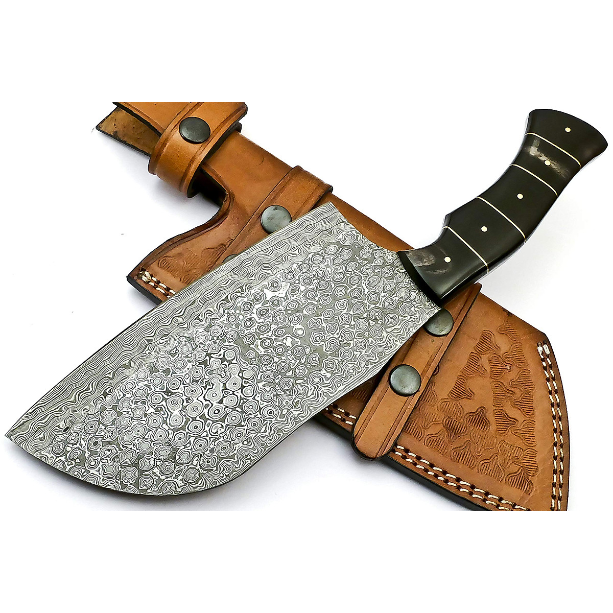 CK-104 Hand Forged 224 Layers Damascus Steel Chef's Cleaver Full Tang Horn Handle, Sharp Blade With Leather Sheath