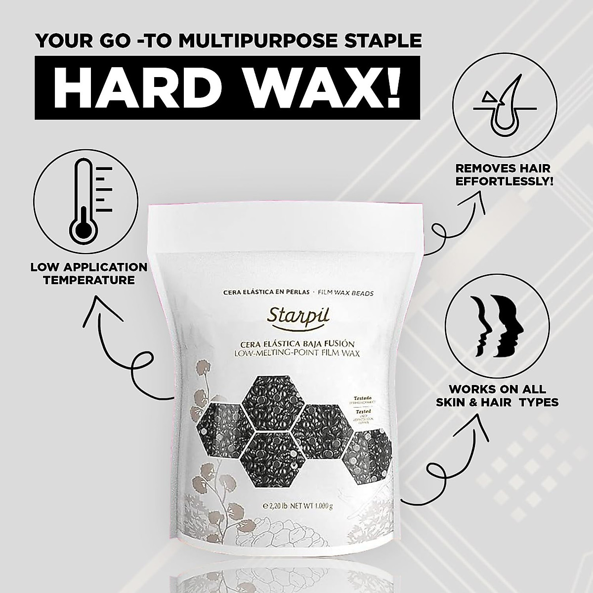 Starpil Wax 1000g / 2.2 lb Bag Black Hard Wax Beads for Hair Removal, Stripless Wax Polymer Blend, Low Temperature Film Wax Beans for Face, Body, Bikini, Brazilian, Legs, Underarm, Back, Chest.