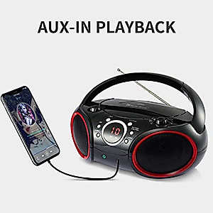 SINGING WOOD 030C Portable CD Player Boombox with AM FM Stereo Radio, Aux Line in, Headphone Jack, Supported AC or Battery Powered (Black with a Touch of Red Rims)