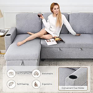 Antetek Reversible Sectional Sofa Couch with Pull-Out Bed, Modern Linen L-Shaped Sleeper Sofa Bed with Storage Chaise/Cup Holder/Side Pocket, Furniture Set for Living Room, Small Space, Light Grey
