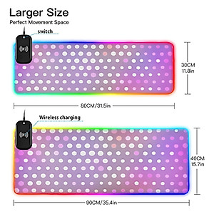 Rainbow Polka Dot Wireless Charging Mouse Pad for Mobile Phone Extra Large Gaming Mousepad with 13 Lighting Modes Computer Mat for Gaming MacBook PC Laptop Desk Office Home