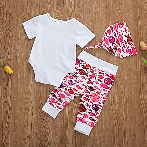 Mioliknya 3PCS Newborn Baby Girl Daddy's Fishing Buddy Short Sleeve Romper Bodysuit Floral Pants Leggings Hat Outfits (Rose Red, 3-6 Months)