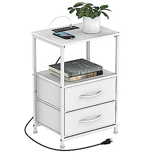 DOMYDEVM White Nightstand with Charging Station Bedroom Night Stand Bedside Table with USB Ports and Outlets Small Side End Table with 2 Fabric Storage Drawers for Living Room Dorm