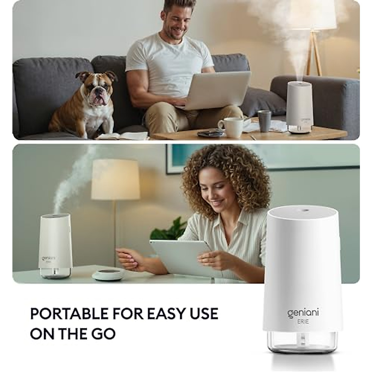 GENIANI Portable Small Cool Mist Humidifiers 250ML - USB Desktop Humidifier for Plants, Office, Car, Baby Room with Auto Shut Off & Night Light - Quiet Mini Humidifier (White)