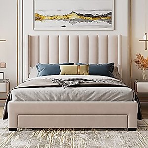 Prohon Queen Bed Frame with Wingback Headboard and A Big Storage Drawers on Endbed, Velvet Upholstered Platform Bed w/Wood Slats Support Mattress Foundation,No Box Spring Needed,Easy to Install,Beige