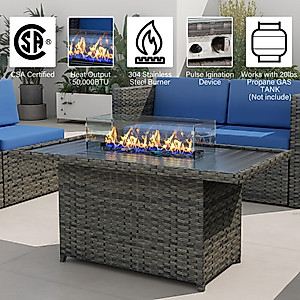 UIXE Outdoor Patio Furniture Sets with Propane Fire Pit Table, 8 Pieces Wicker Patio Sectional Sofa Lounge Couch Seating PE Rattan Conversation Set Includes 45" Gas Fire Table, Navy Blue